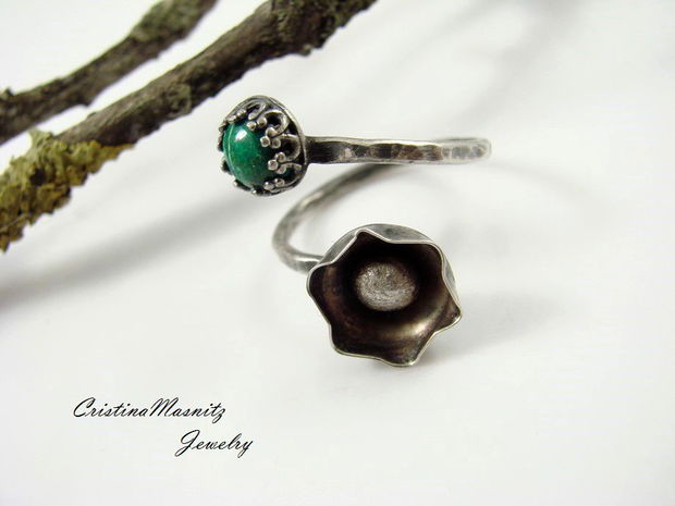 Inel reglabil din argint 925 partial oxidat si reticulat si cabochon ...