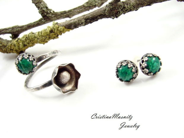 Inel reglabil din argint 925 partial oxidat si reticulat si cabochon ...