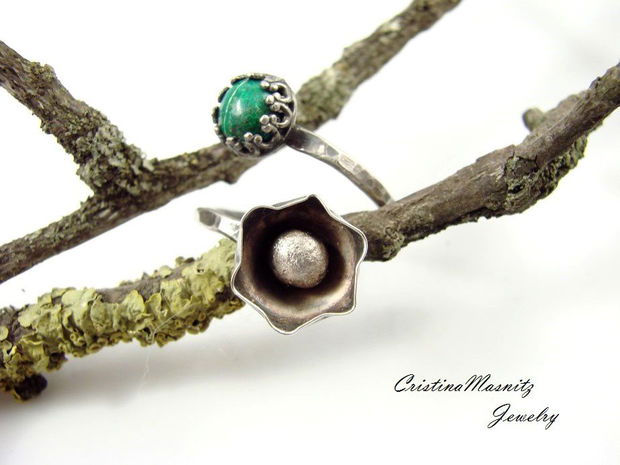 Inel reglabil din argint 925 partial oxidat si reticulat si cabochon ...