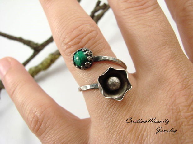 Inel reglabil din argint 925 partial oxidat si reticulat si cabochon ...