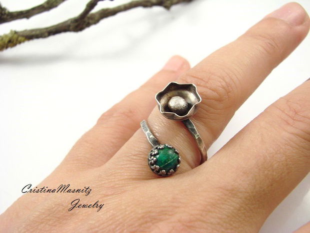 Inel reglabil din argint 925 partial oxidat si reticulat si cabochon ...