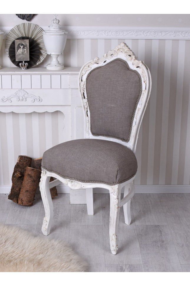 Scaun baroc din lemn masiv alb cu tapiterie grej | Fashion Hunt
