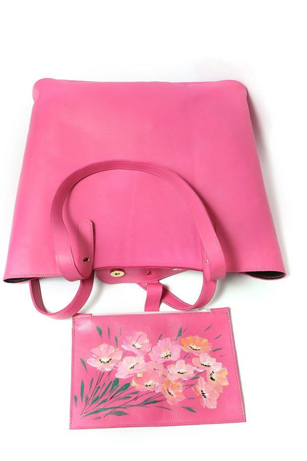 Geanta de umar/mana din piele ciclam, pictata manual | Breslo