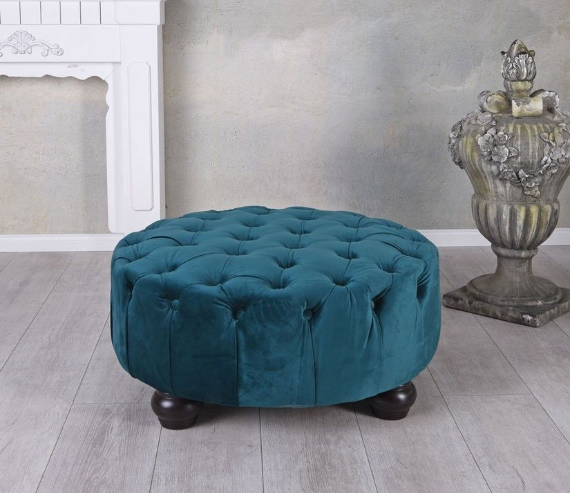 Scaun puf din lemn masiv negru cu tapiterie albastra | Fashion Hunt