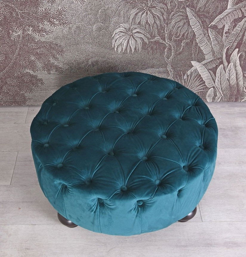 Scaun puf din lemn masiv negru cu tapiterie albastra | Fashion Hunt