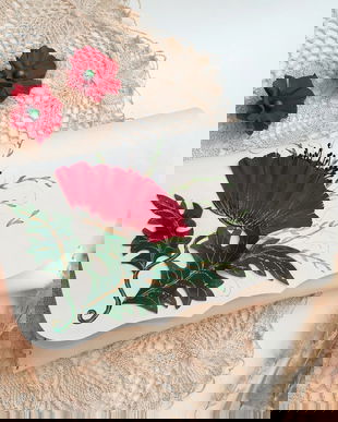 poseta plic handmade unicat din piele - Pink Flowers | Breslo