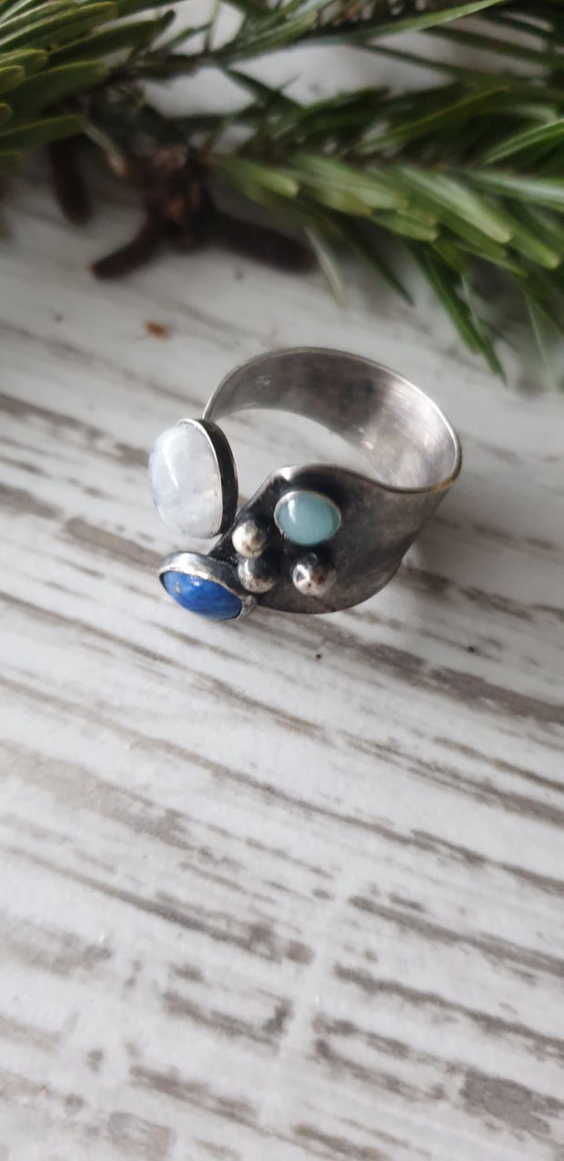 Inel reglabil, lat, din argint 925 reticulat, partial oxidat , lapiz ...