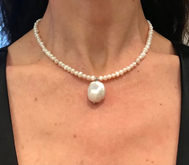 Colier argint 925, perle de cultura și pandativ perla baroc | Breslo