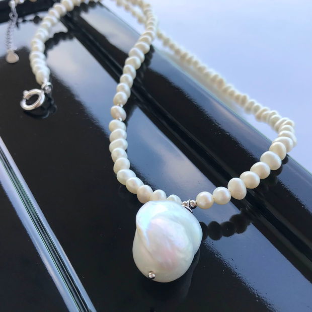 Colier argint 925, perle de cultura și pandativ perla baroc | Breslo