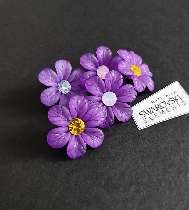 Broșă cu floare mov și Swarovski Crystal | Breslo