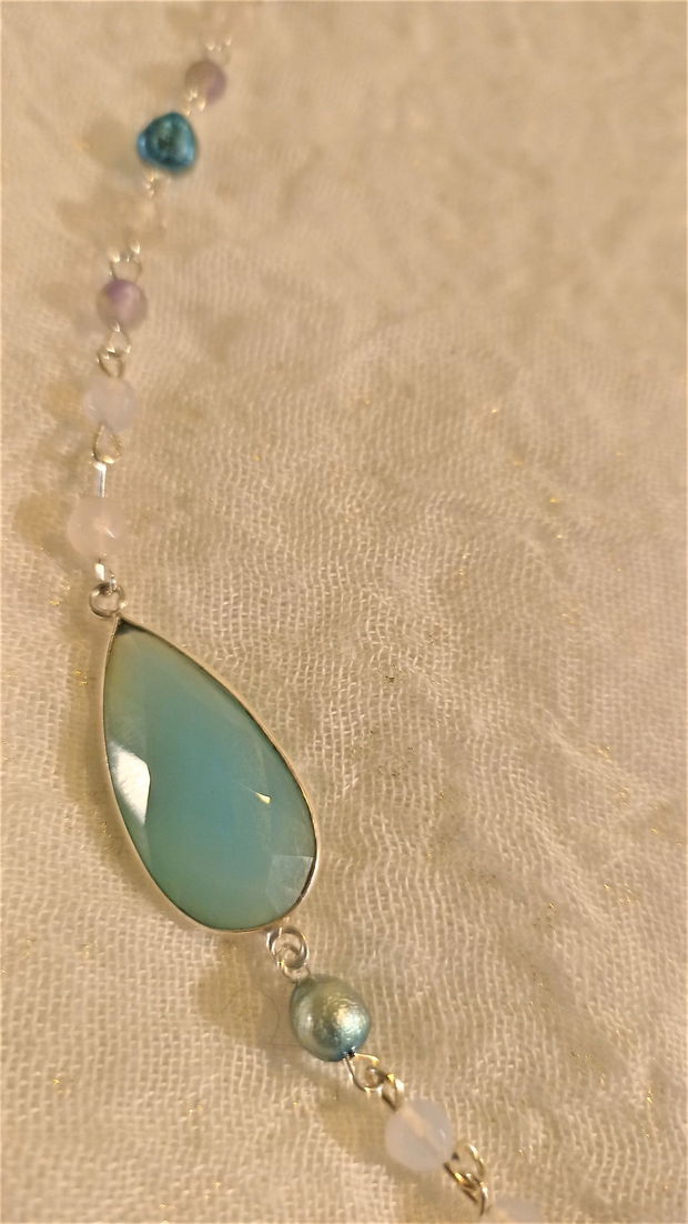 Colier argint pastel asimetric mediu calcedonie ametist cuart roz cuart ...