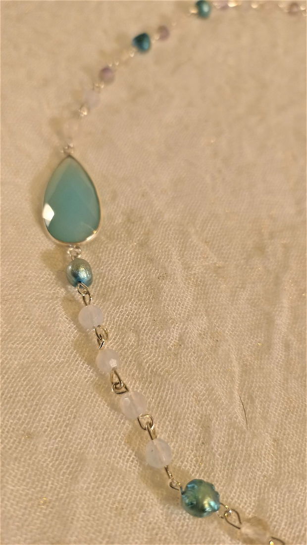 Colier argint pastel asimetric mediu calcedonie ametist cuart roz cuart ...