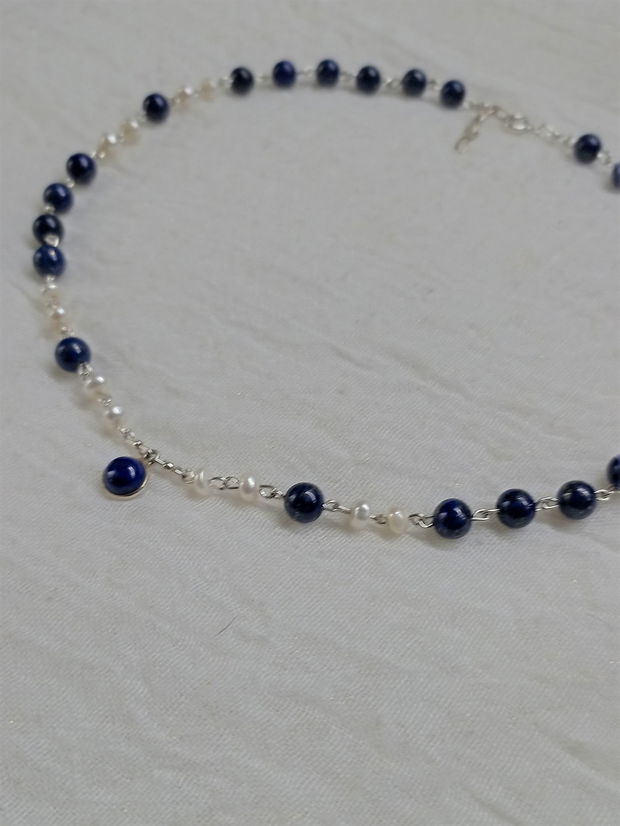 Colier argint lapis lazului perle de cultura lant- Transport gratuit ...