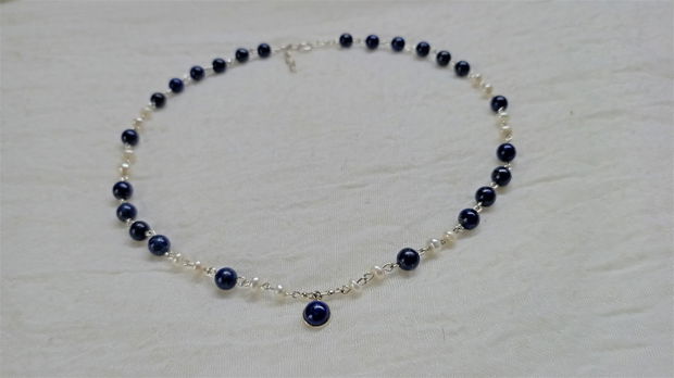 Colier argint lapis lazului perle de cultura lant- Transport gratuit ...