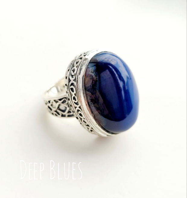 Inel statement placat cu argint 92.5 și agat bleu marine DEEP BLUES ...