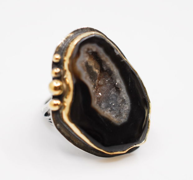 Inel argint 925 cu agata geodă, naturala, inel organic, inel brut, inel ...