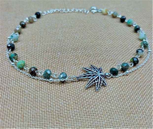 Bratara argint X2 turcoaz natural frunza, lant argint boho chic ...