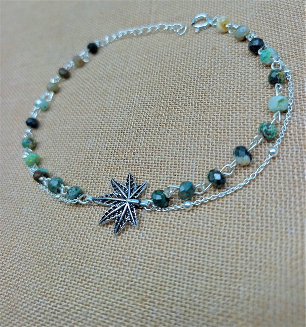 Bratara argint X2 turcoaz natural frunza, lant argint boho chic ...