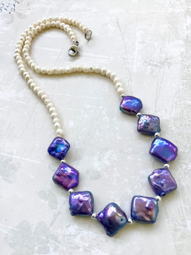 Colier perle de cultura albe & perle Baroc indigo electric | Breslo