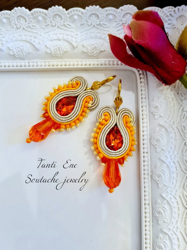 Cercei soutache portocalii cu cristale | Breslo