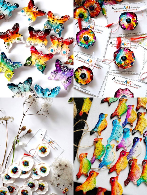 Mărțișor Broșă Maci Psychedelici, Albi cu Pudră de Aur, Păsări și ...