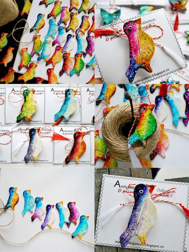 Mărțișor Broșă Maci Psychedelici, Albi cu Pudră de Aur, Păsări și ...