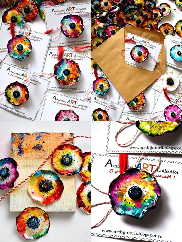 Mărțișor Broșă Maci Psychedelici, Albi cu Pudră de Aur, Păsări și ...