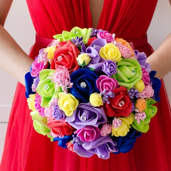 Buchet de mireasa cu flori artificiale curcubeu | Breslo