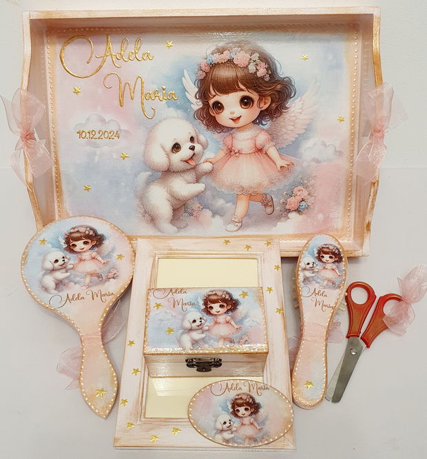 Set personalizat pentru taierea motului / 1 an,Fetita si catel | Breslo