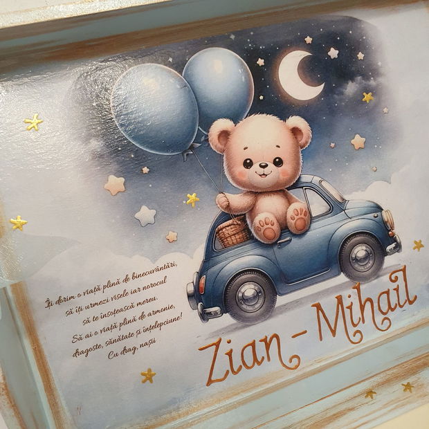 Set personalizat pentru taierea motului / 1 an, Ursulet in masina | Breslo