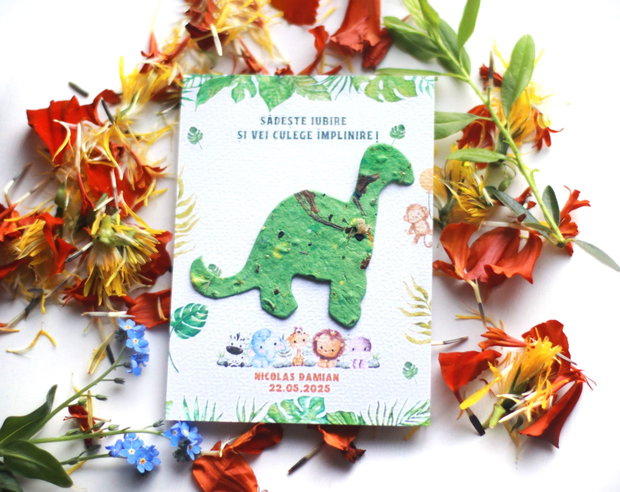 Marturii plantabile - dinozaur - hartie manuala plantabila cu seminte ...