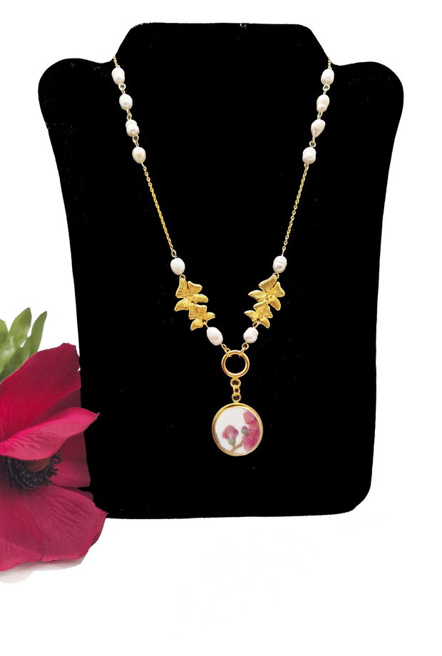 Colier"Sakura" din fragment de portelan Limoges, inox auriu, perle de ...