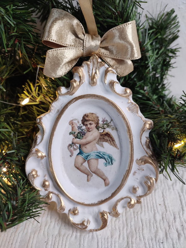 Ornament Crăciun handmade înger vintage în ramă ceramică | Breslo