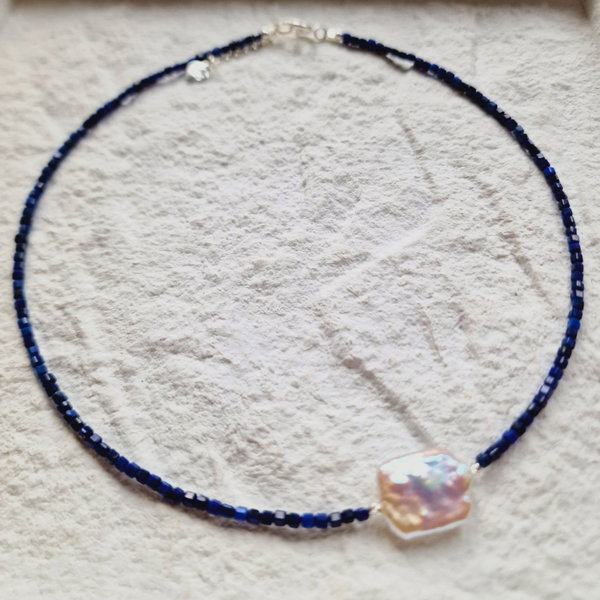 Colier din lapis lazuli cu perla naturala patrata | Dichisar