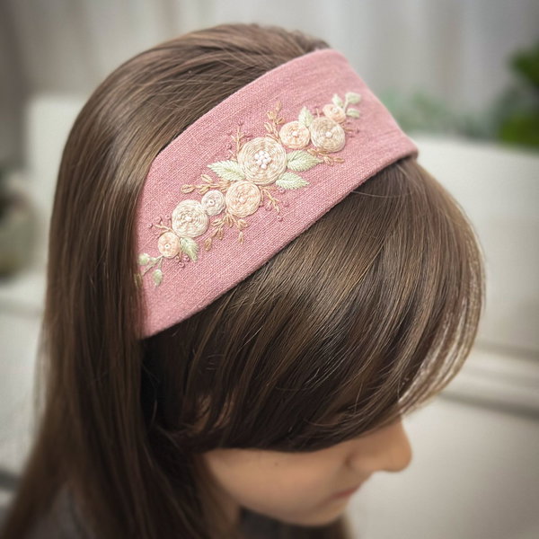 Bentiță / Coroniță din in, brodată manual Powder Pink | Dichisar
